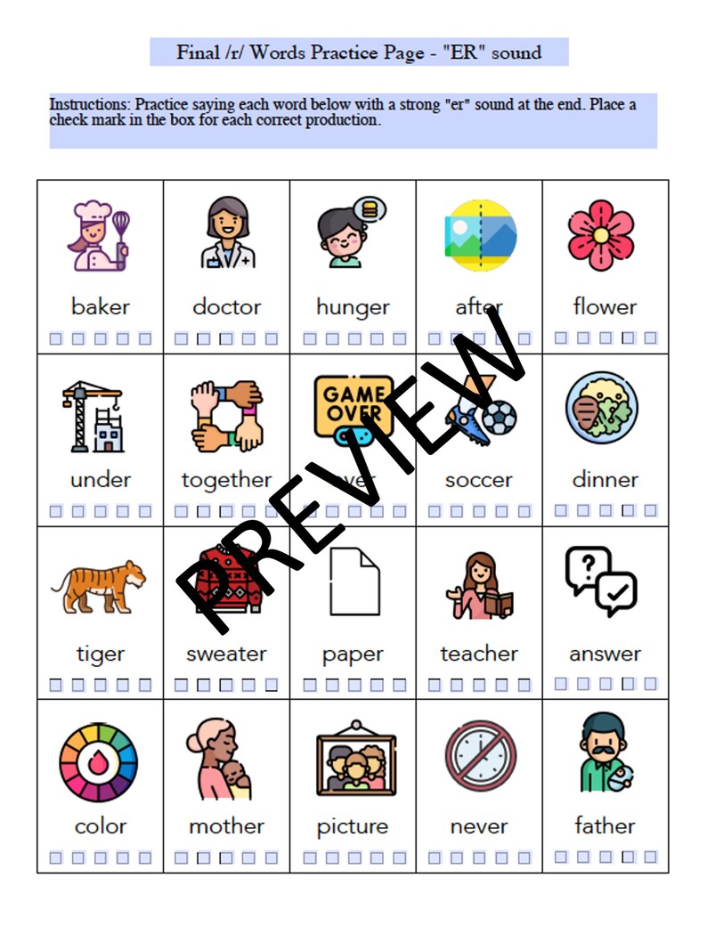 Final /r/ Words - "er" Sound Worksheet for Speech Therapy | Fillable ...