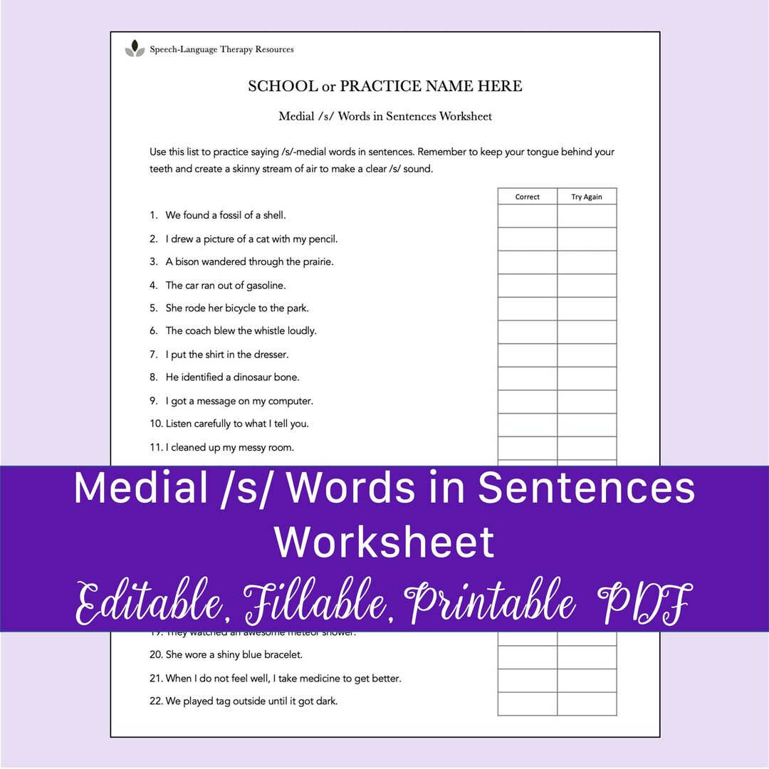 Medial /s/ Words in Sentences Worksheet for Speech Therapy | Printable ...