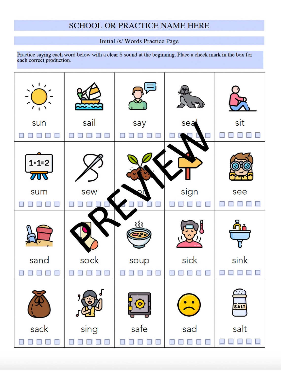 Initial /s/ Words Worksheet for Speech Therapy | Fillable PDF With ...