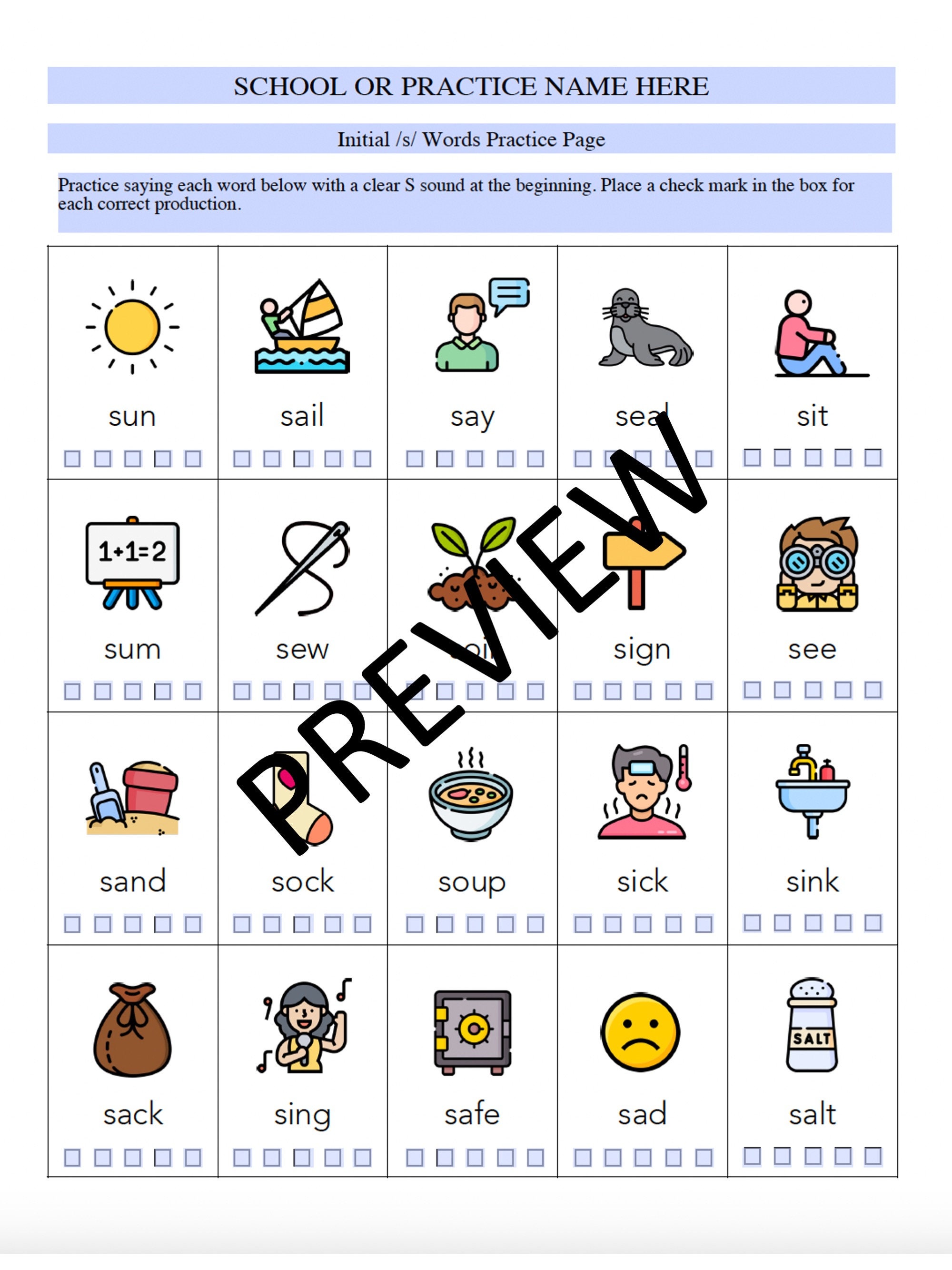 Initial /s/ Words Worksheet for Speech Therapy | Fillable PDF With ...