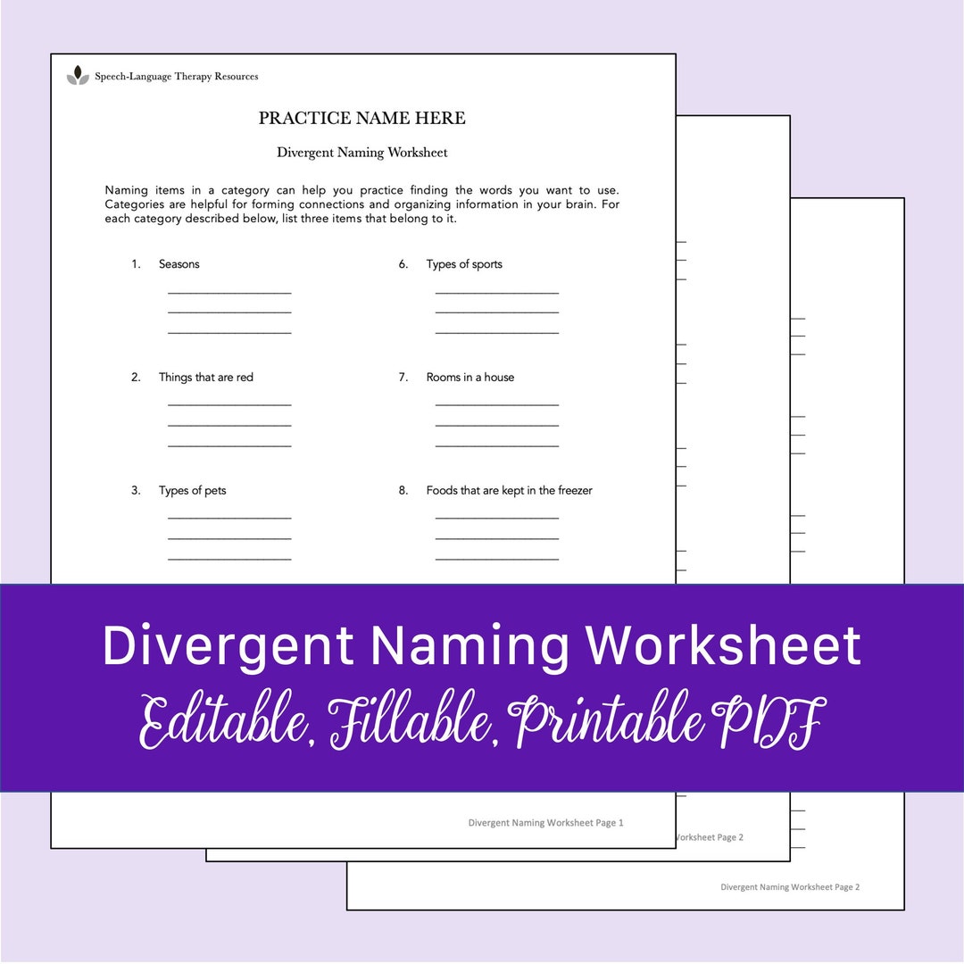 Divergent Naming Worksheet for Aphasia Speech Therapy | Fillable ...
