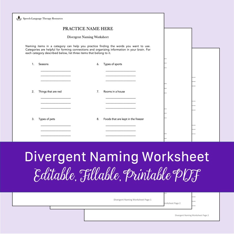 Divergent Naming Worksheet for Aphasia Speech Therapy | Fillable ...