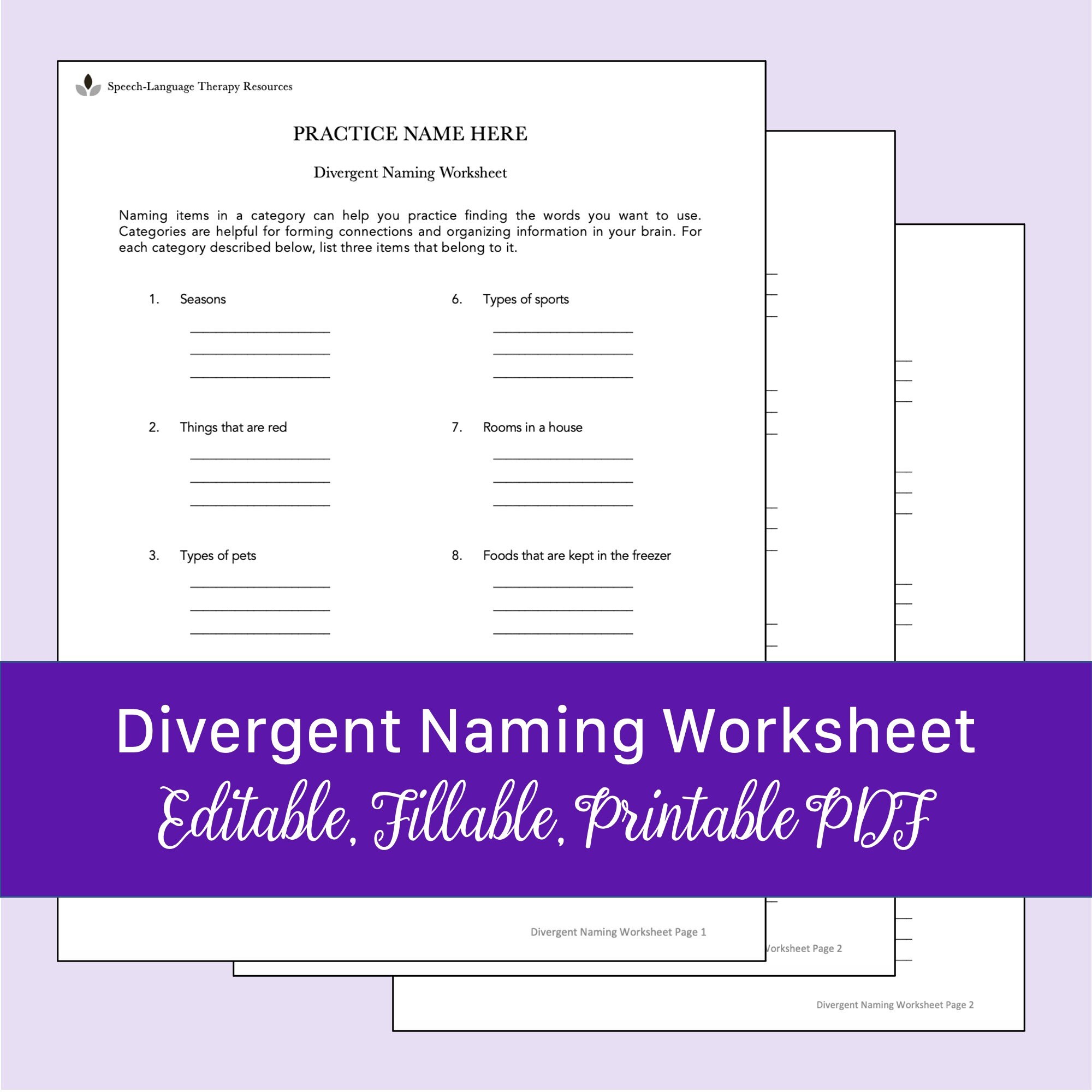 Divergent Naming Worksheet for Aphasia Speech Therapy | Fillable ...