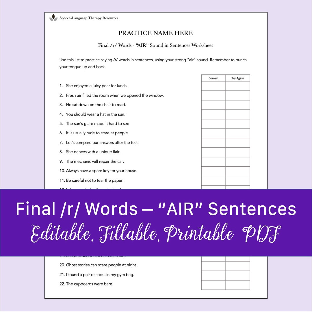 Final /r/ Words - "air" Sound in Sentences Worksheet for Speech Therapy ...