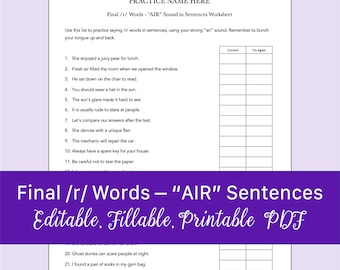 Final /r/ Words - "air" Sound in Sentences Worksheet for Speech Therapy ...