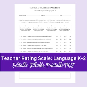 Teacher Rating Scale: Language, K-2 for Speech Therapy | Fillable ...