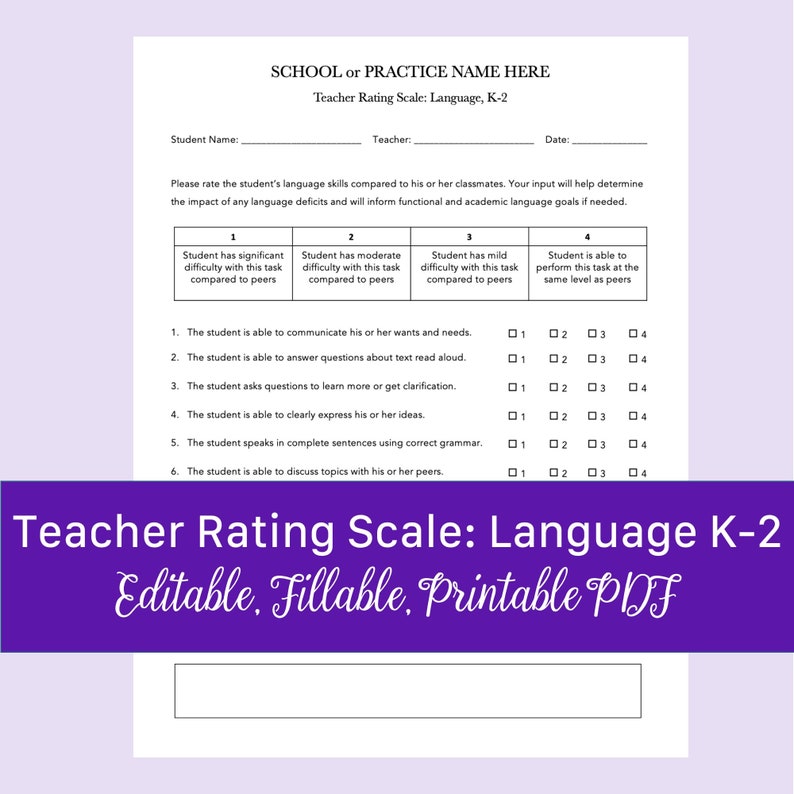 Teacher Rating Scale: Language, K-2 for Speech Therapy | Fillable ...