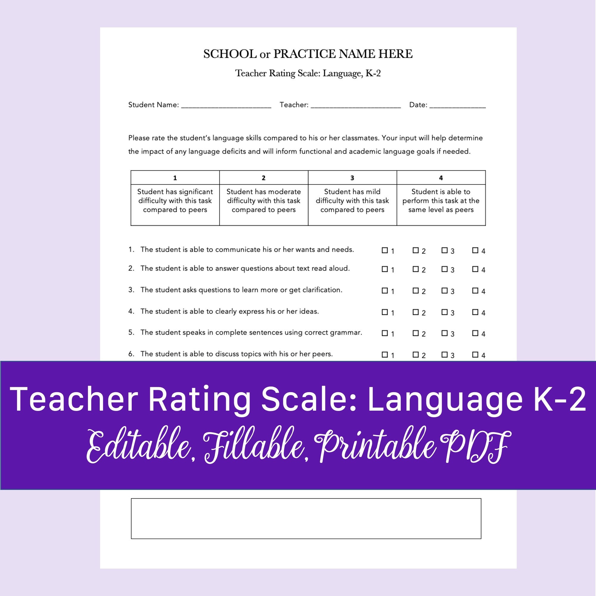 Teacher Rating Scale: Language, K-2 for Speech Therapy | Fillable ...