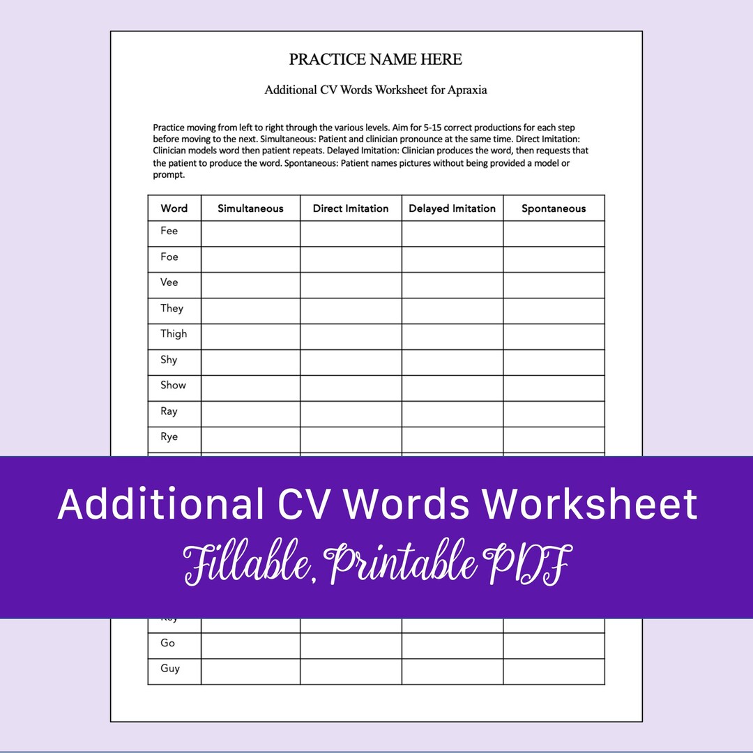 Alveolar CV Words Worksheet for Apraxia | Fillable, Printable PDF - Etsy