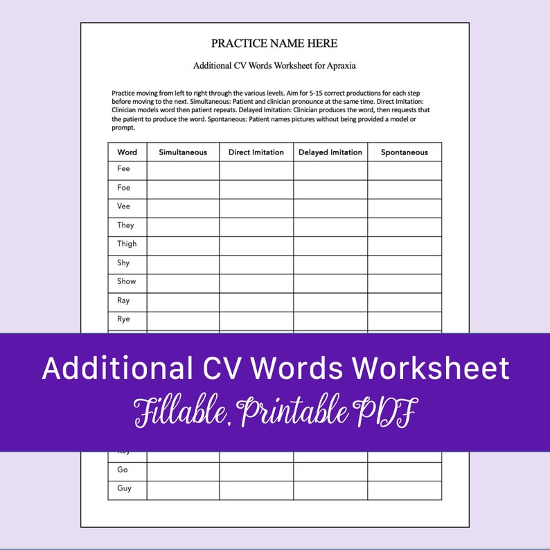 Alveolar CV Words Worksheet for Apraxia | Fillable, Printable PDF - Etsy