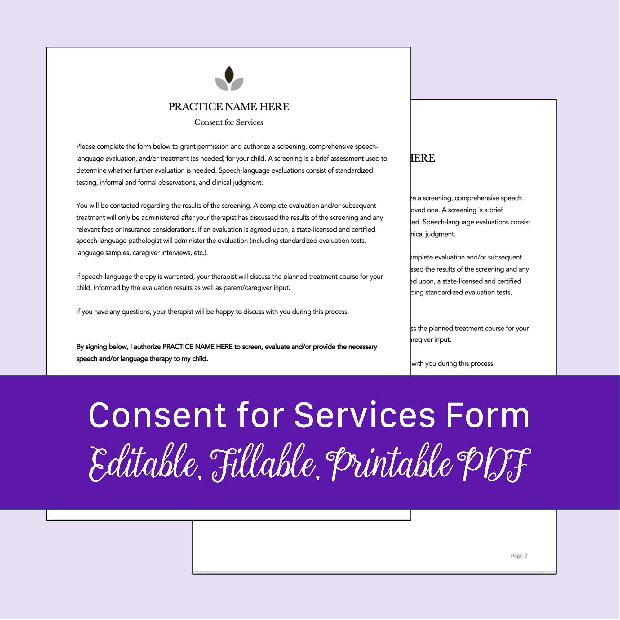 Consent for Services Form for Speech Therapy | Editable, Fillable ...