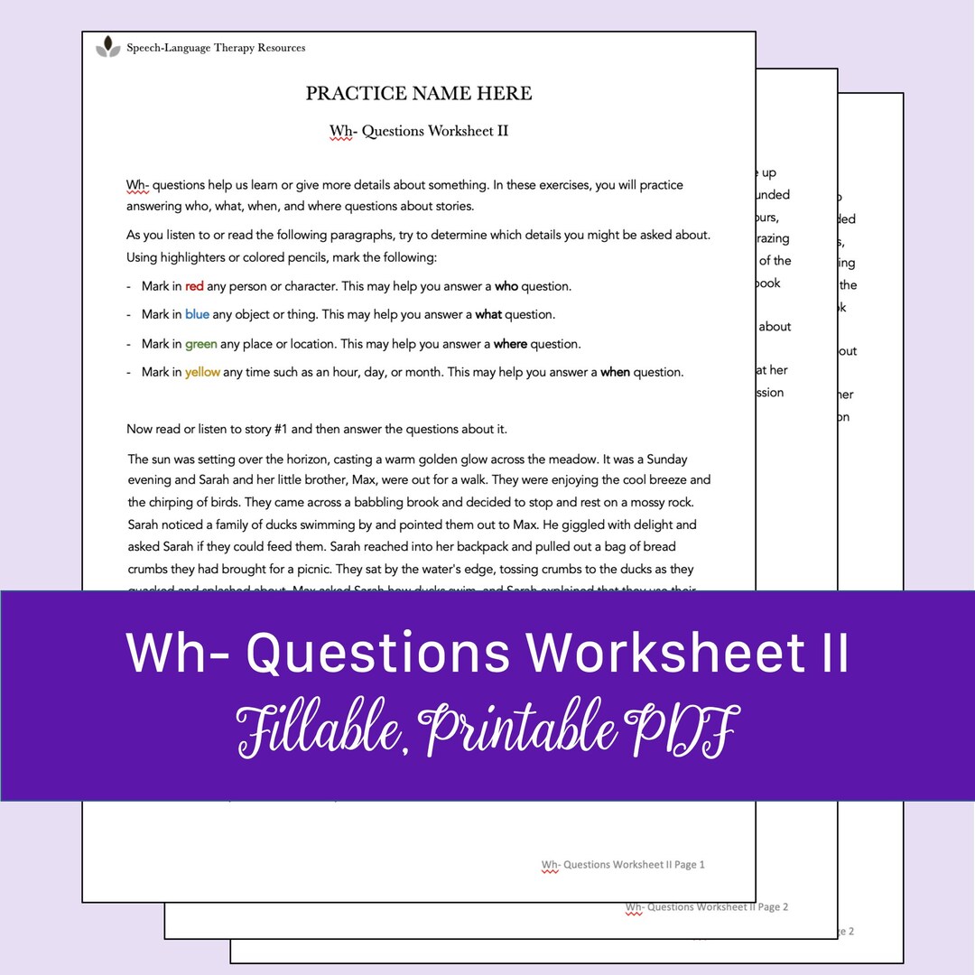 Wh- Questions for Paragraphs Speech Therapy Worksheet | Fillable ...