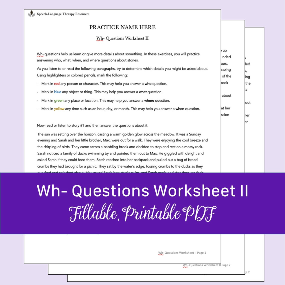 Wh- Questions for Paragraphs Speech Therapy Worksheet | Fillable ...