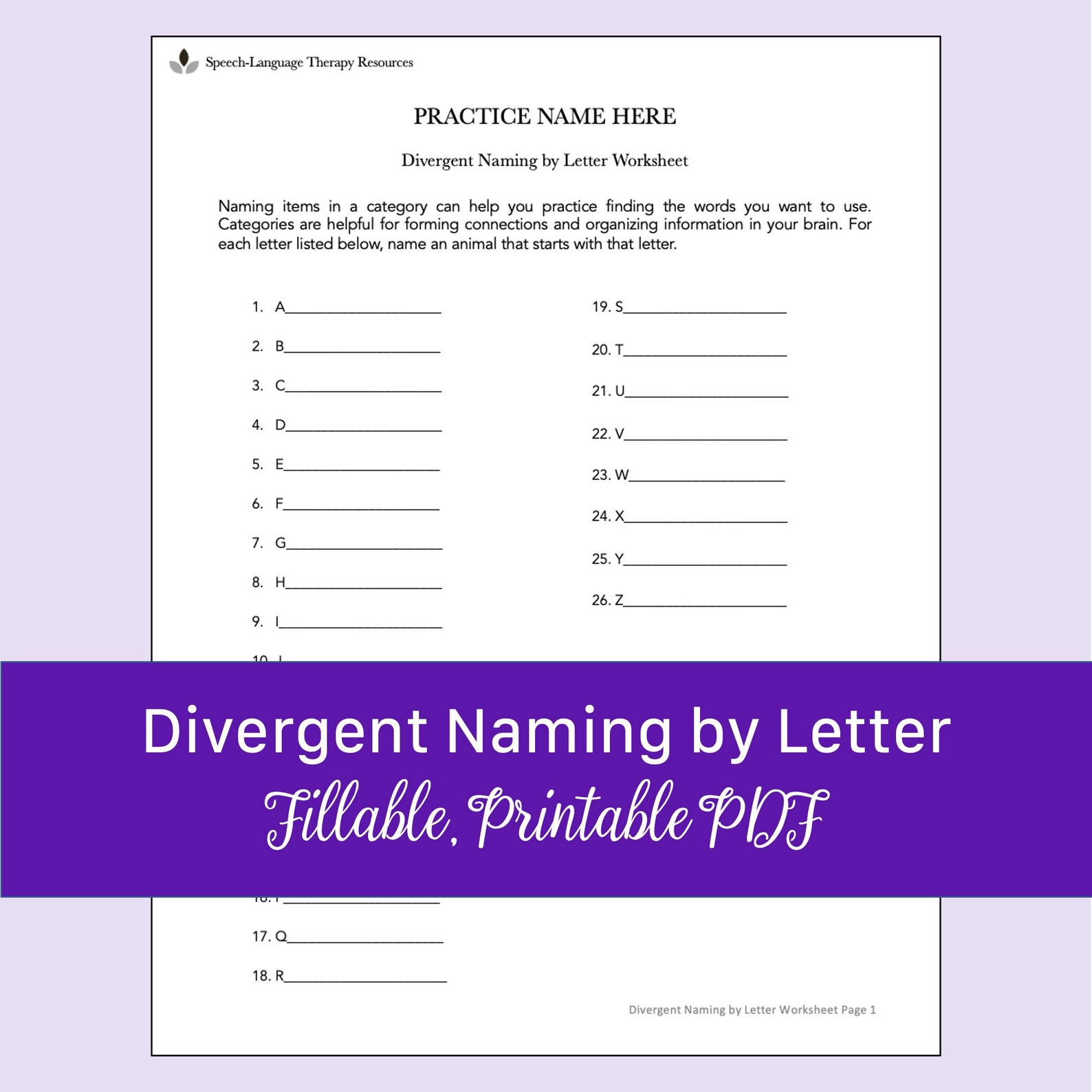 Divergent Naming by Letter Speech Therapy Worksheet | Fillable ...