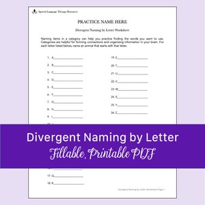 Divergent Naming by Letter Speech Therapy Worksheet | Fillable ...