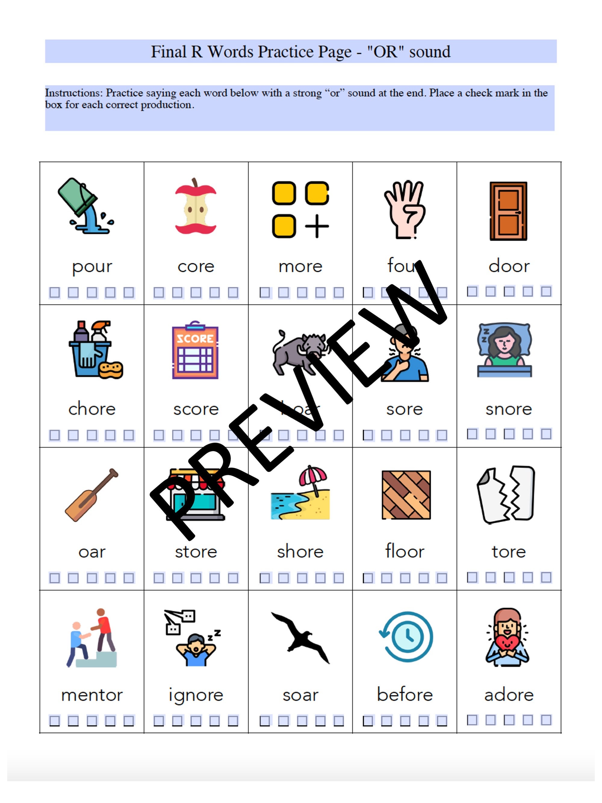 Final /r/ Words - "or" Sound Worksheet for Speech Therapy | Fillable ...