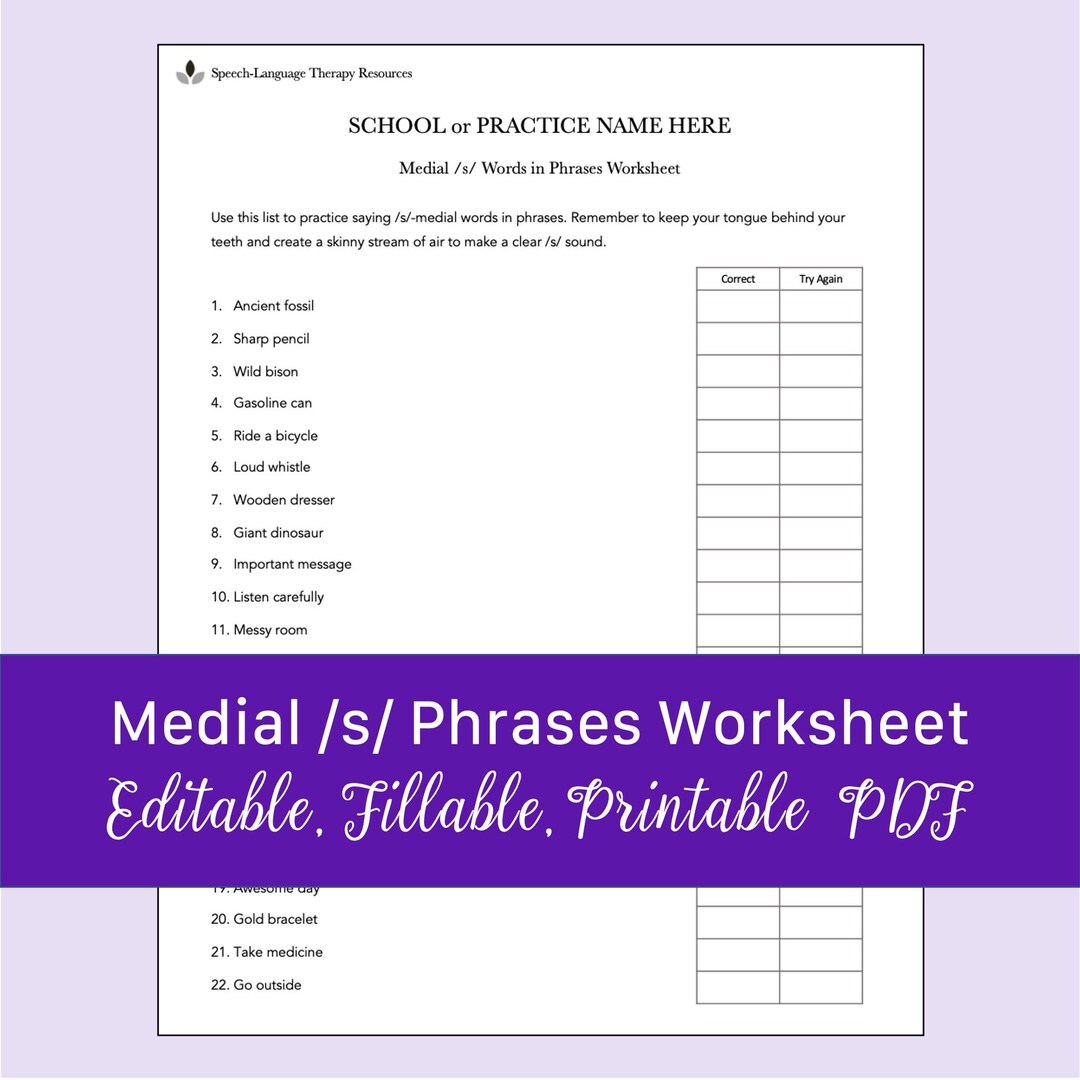 Medial /s/ Words in Phrases Worksheet for Speech Therapy | Printable ...