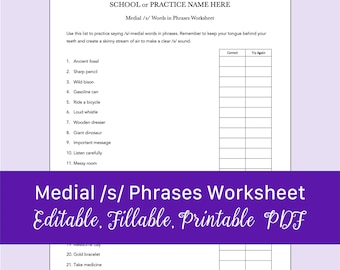 Initial /S/ Words in Pictures Worksheet for Speech Therapy editable ...