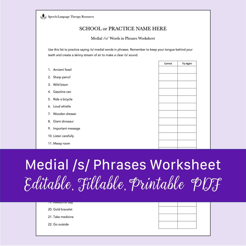 Medial /s/ Words in Phrases Worksheet for Speech Therapy | Printable ...