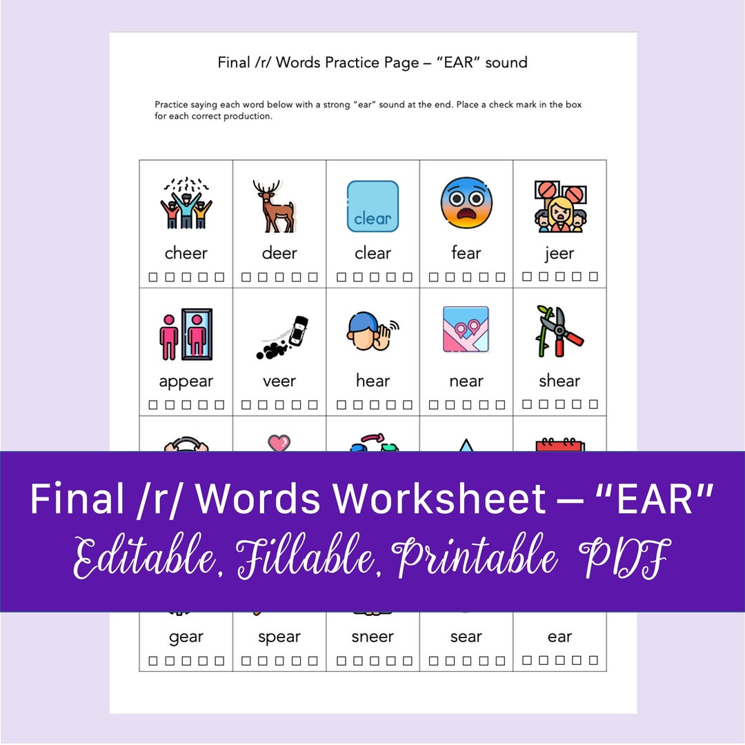 Final /r/ Words - "ear" Sound Worksheet for Speech Therapy | Fillable ...