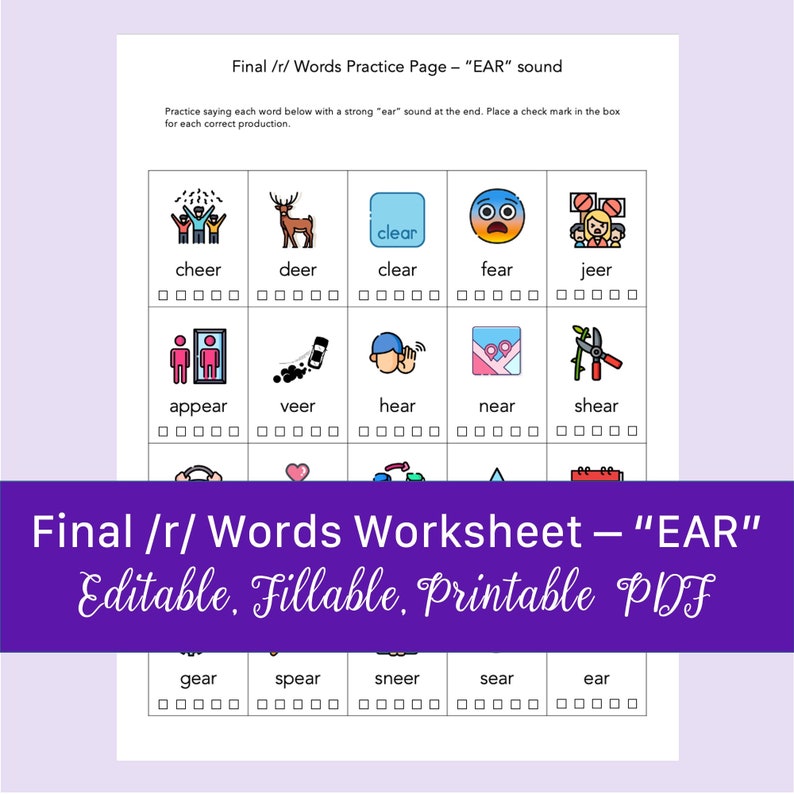 Final /r/ Words ear Sound Worksheet for Speech Therapy Fillable PDF - Etsy