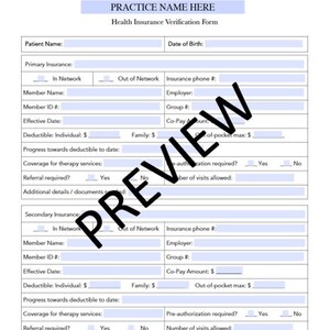 Health Insurance Verification Form for Speech Therapy | Editable ...