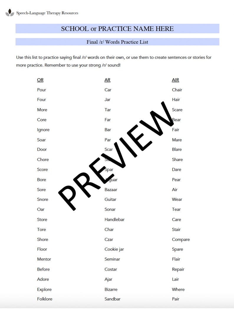 Final /r/ Words Practice List Speech Therapy Resource | Printable PDF ...