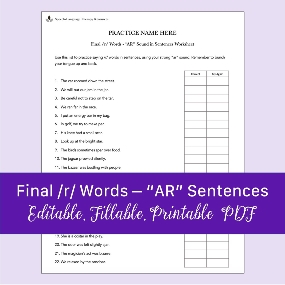 Final /r/ Words - "ar" Sound in Sentences Worksheet for Speech Therapy ...