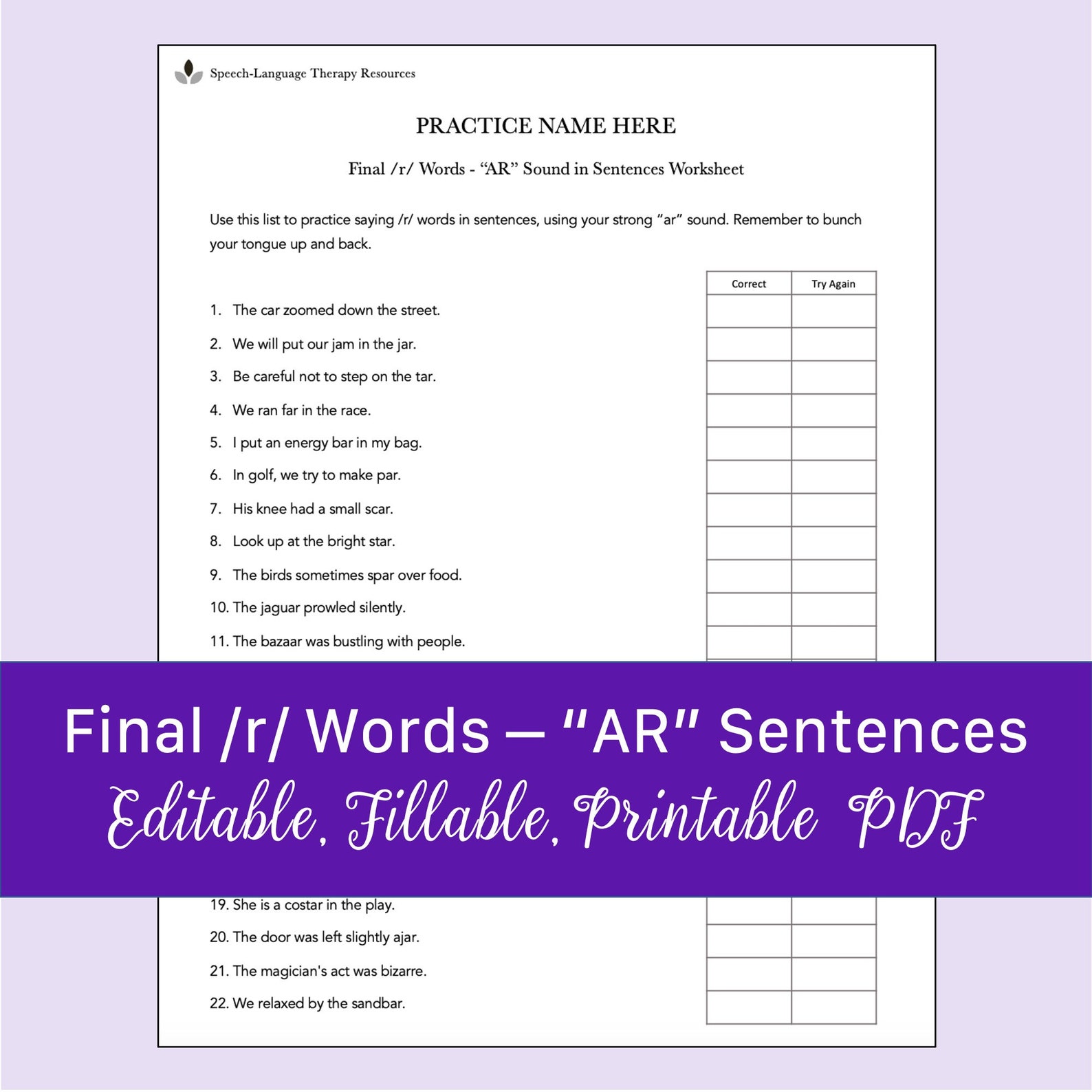 Final /r/ Words - "ar" Sound in Sentences Worksheet for Speech Therapy ...