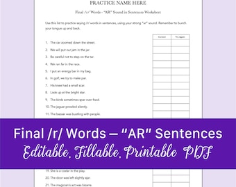 Final /r/ Words - "ar" Sound in Sentences Worksheet for Speech Therapy ...