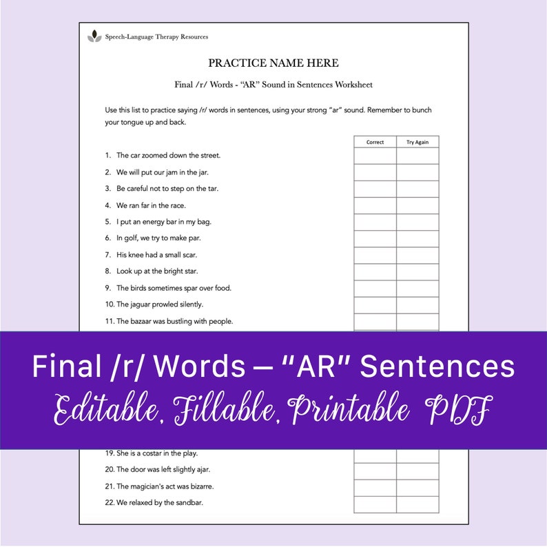 Final /r/ Words - "ar" Sound in Sentences Worksheet for Speech Therapy ...