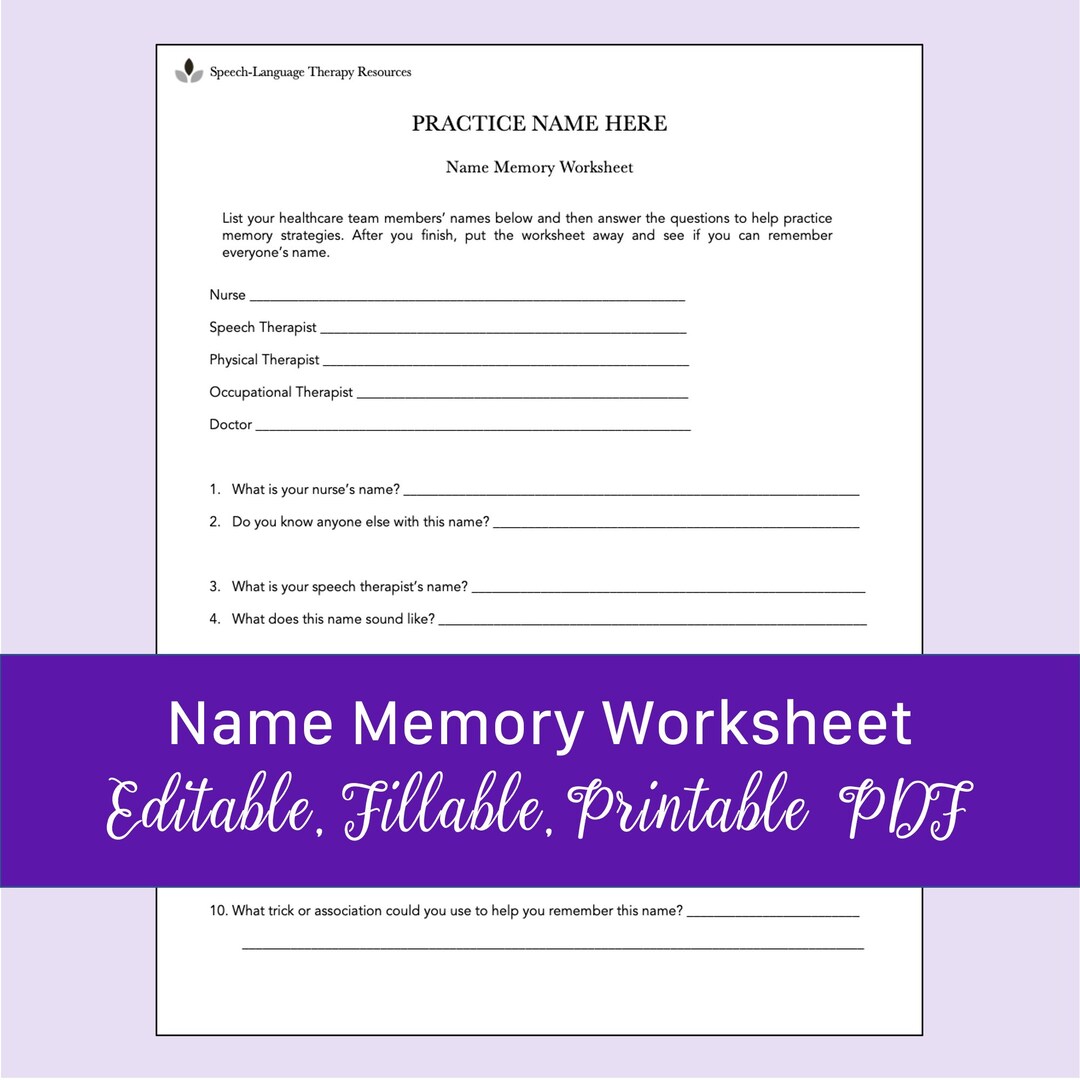 Name Memory Worksheet for Language Therapy | Fillable, Printable PDF - Etsy