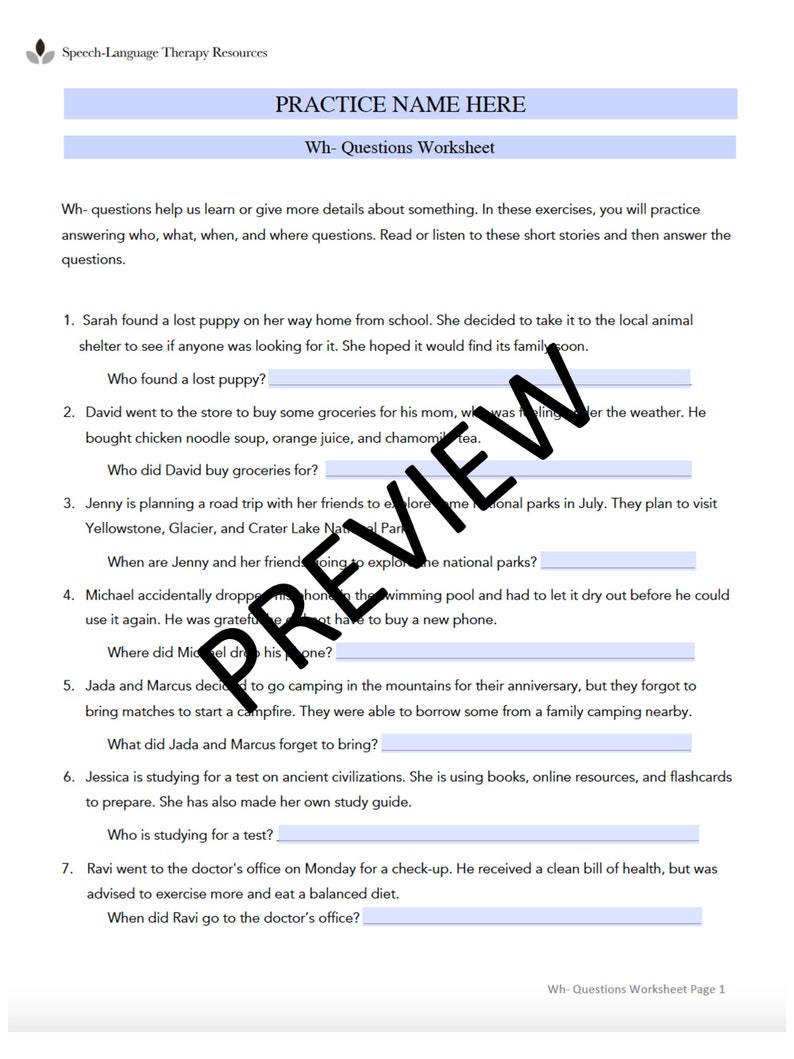 Wh- Questions Speech Therapy Worksheet | Fillable, Printable PDF - Etsy