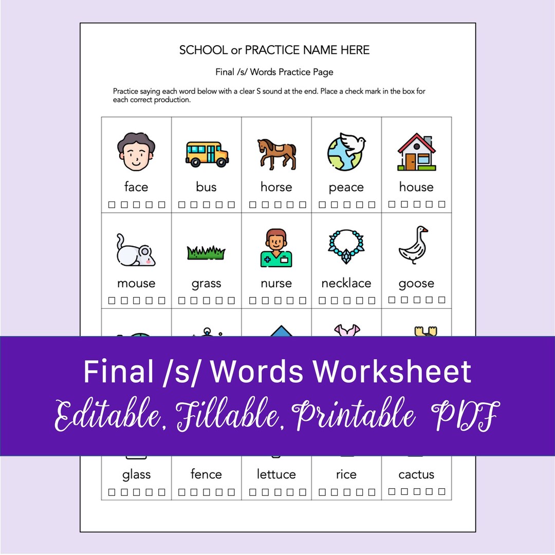 Final /s/ Words Worksheet for Speech Therapy | Fillable PDF With ...