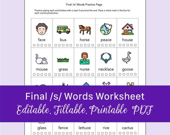 Final /S/ Words in Pictures Worksheet for Speech Therapy (editable ...
