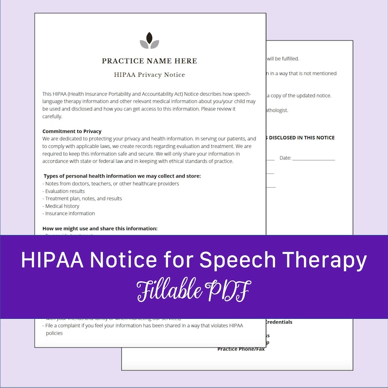 HIPAA Privacy Notice for Speech Therapy | Fillable, Printable PDF - Etsy