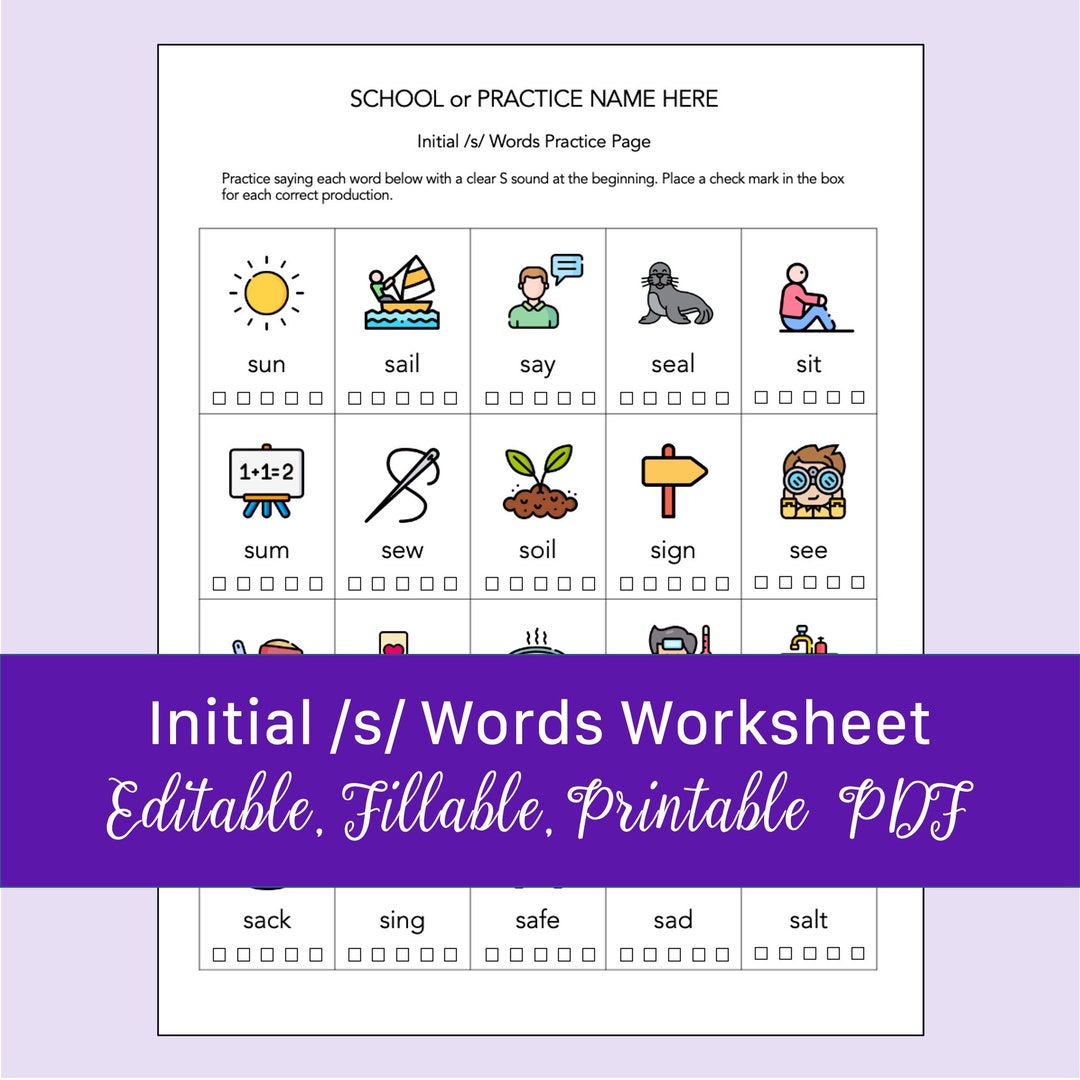 Initial /s/ Words Worksheet for Speech Therapy | Fillable PDF With ...