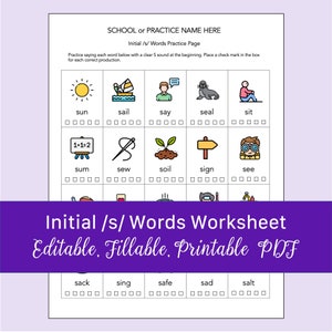Initial /s/ Words Worksheet for Speech Therapy | Fillable PDF With ...