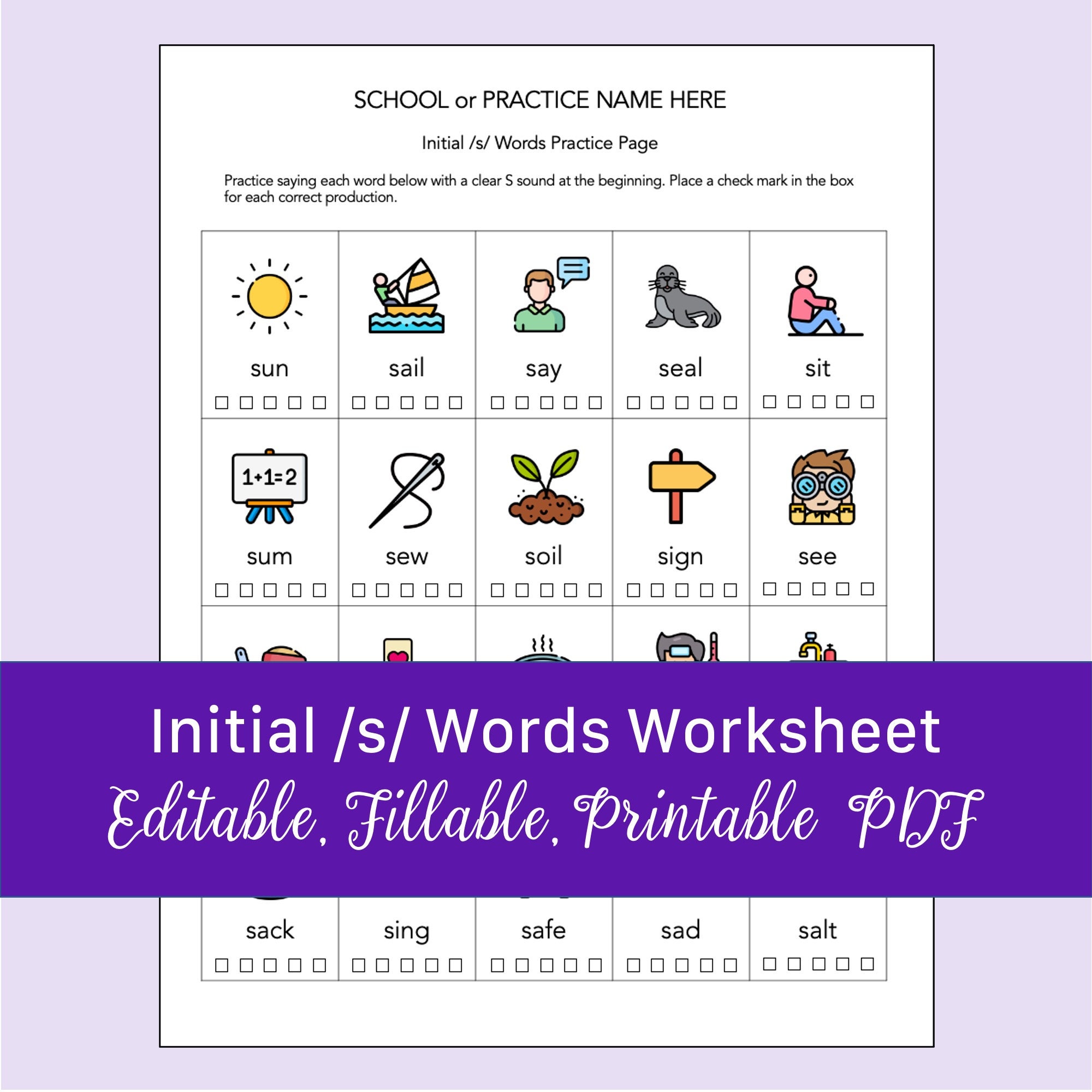 Initial /s/ Words Worksheet for Speech Therapy | Fillable PDF With ...