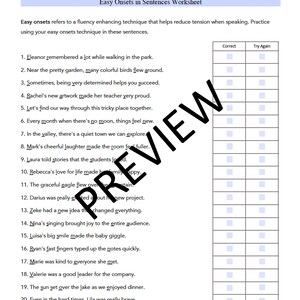 Easy Onsets in Sentences Worksheet for Stuttering Speech Therapy ...