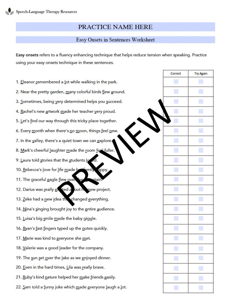 Easy Onsets in Sentences Worksheet for Stuttering Speech Therapy ...