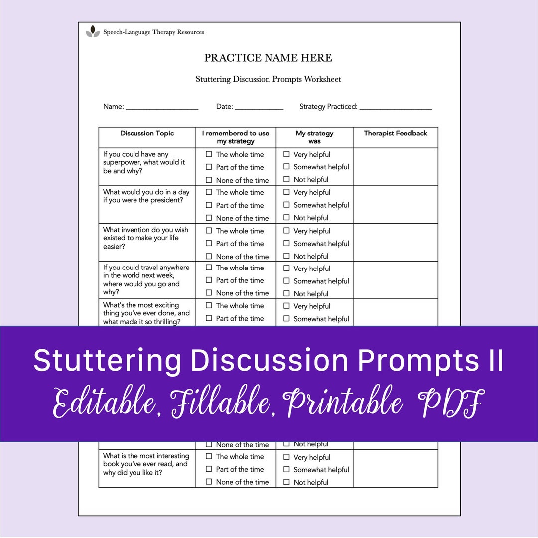 Stuttering Discussion Prompts II Worksheet for Speech Therapy ...