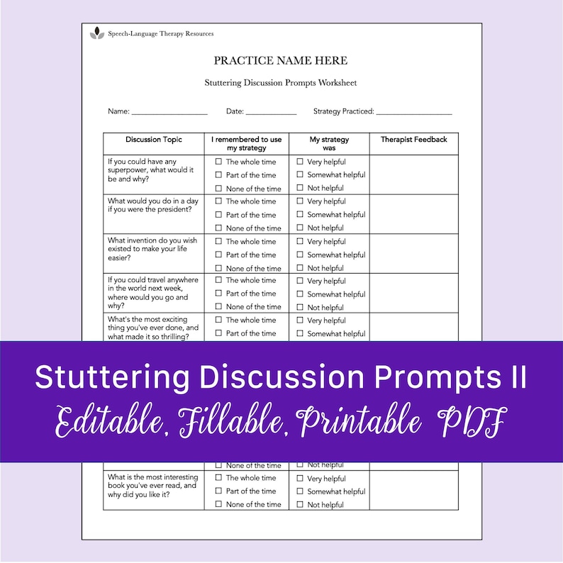 Stuttering Discussion Prompts II Worksheet for Speech Therapy ...