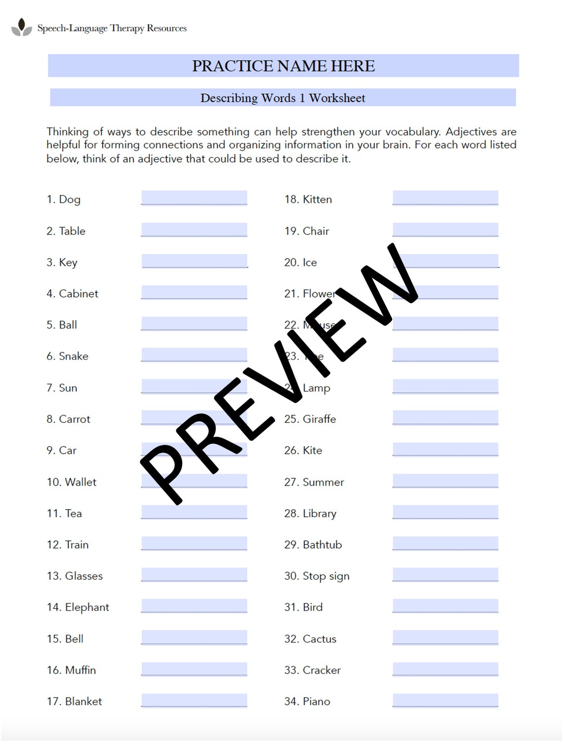 Describing Words Level 1 Worksheet for Speech Therapy | Fillable ...