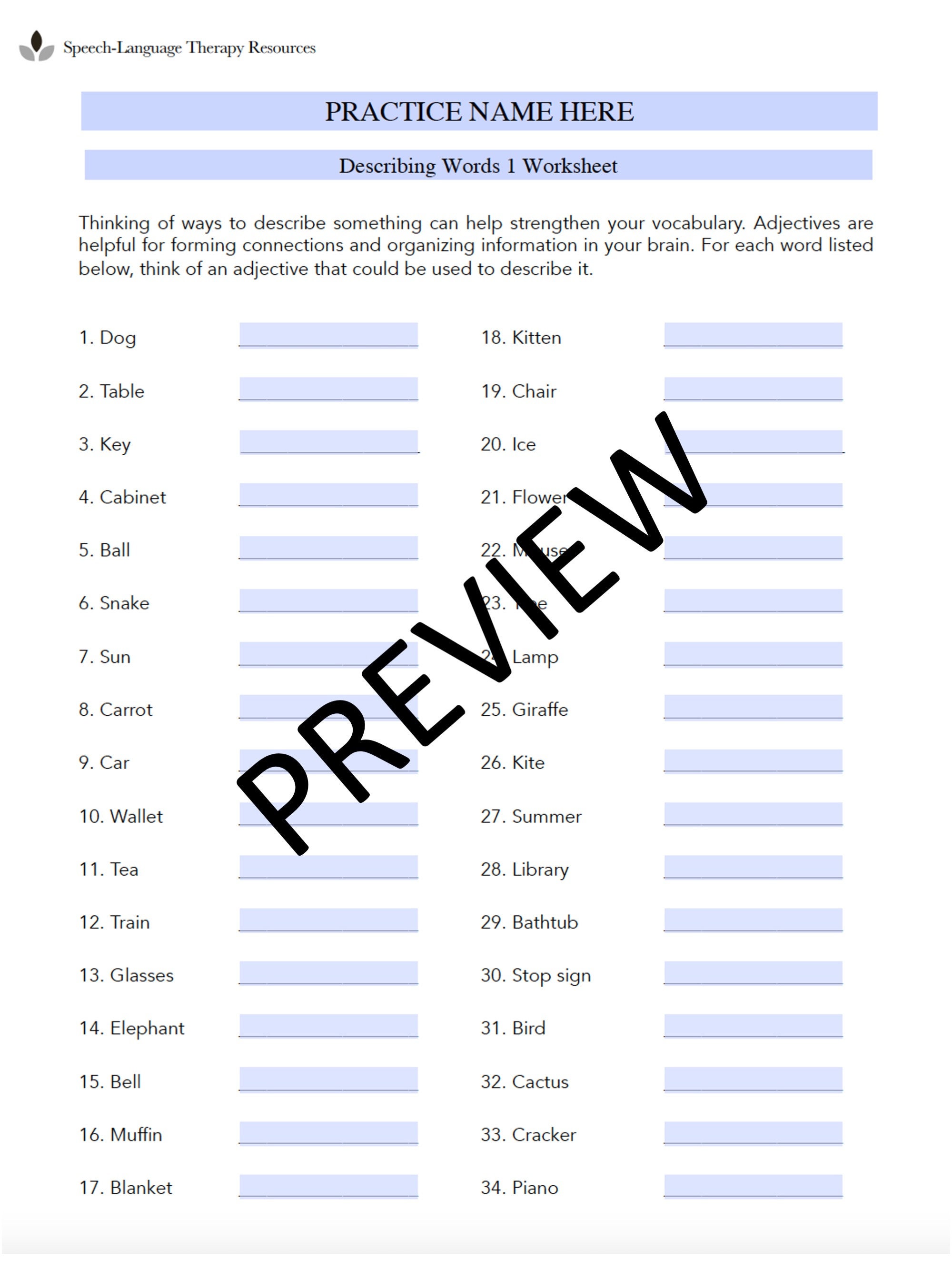 Describing Words Level 1 Worksheet for Speech Therapy | Fillable ...