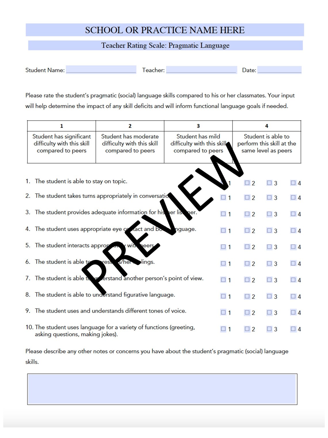 Teacher Rating Scale: Pragmatic Language for Speech Therapy | Fillable ...