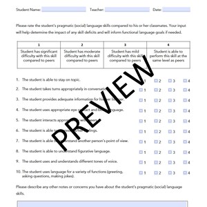 Teacher Rating Scale: Pragmatic Language for Speech Therapy | Fillable ...