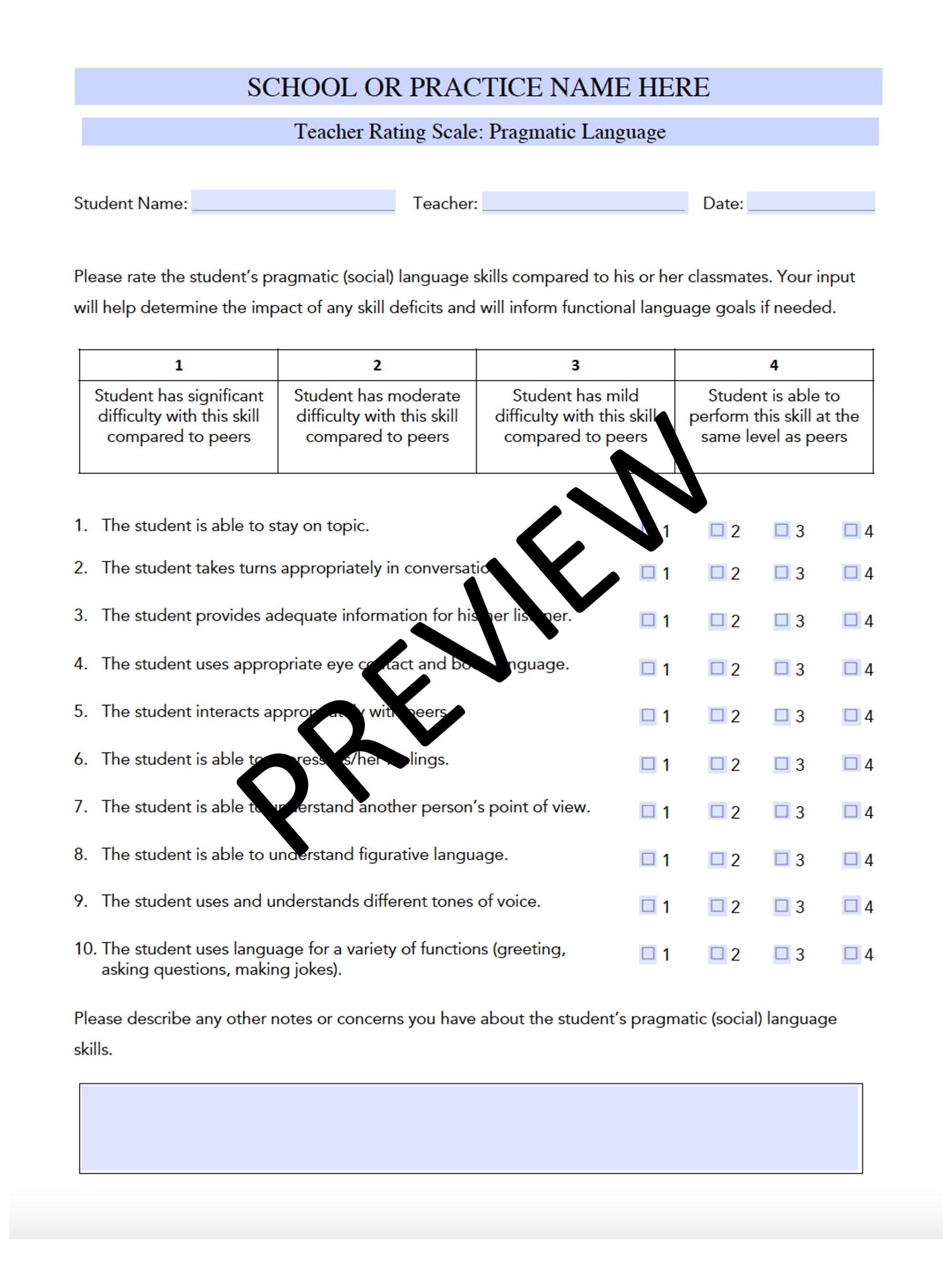 Teacher Rating Scale: Pragmatic Language for Speech Therapy | Fillable ...