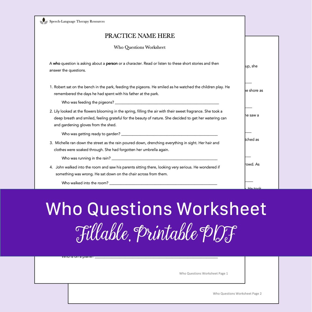 Who Questions Speech Therapy Worksheet | Fillable, Printable PDF - Etsy