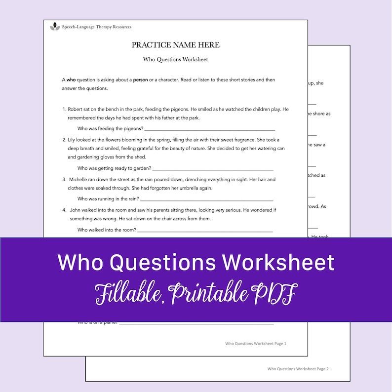 Who Questions Speech Therapy Worksheet Fillable Printable - Etsy